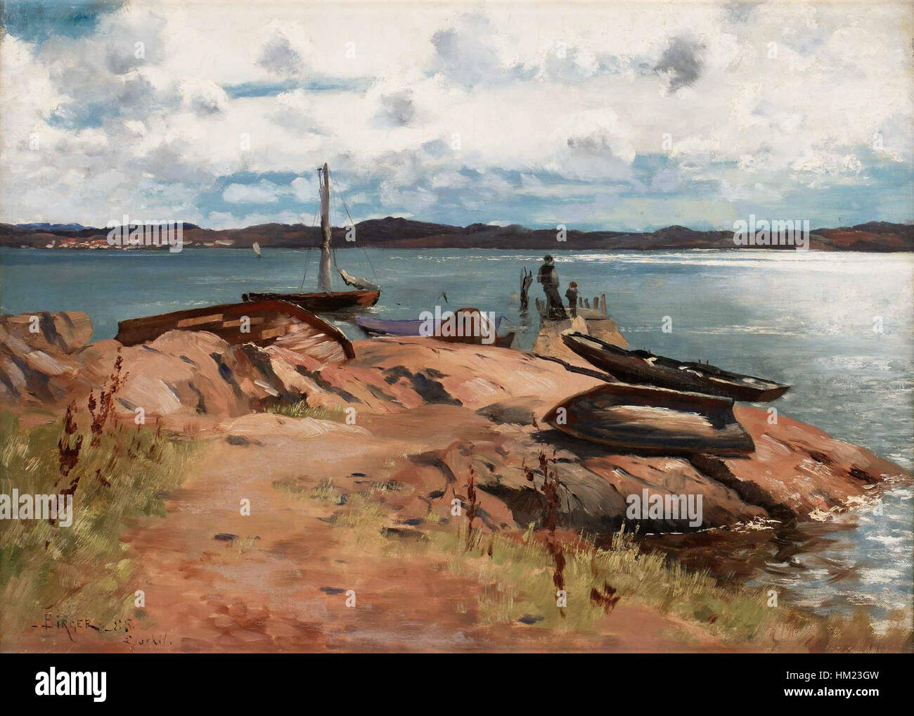 Hugo Birger's painting 'Vid bryggan, Lysekil' depicts a serene coastal ...