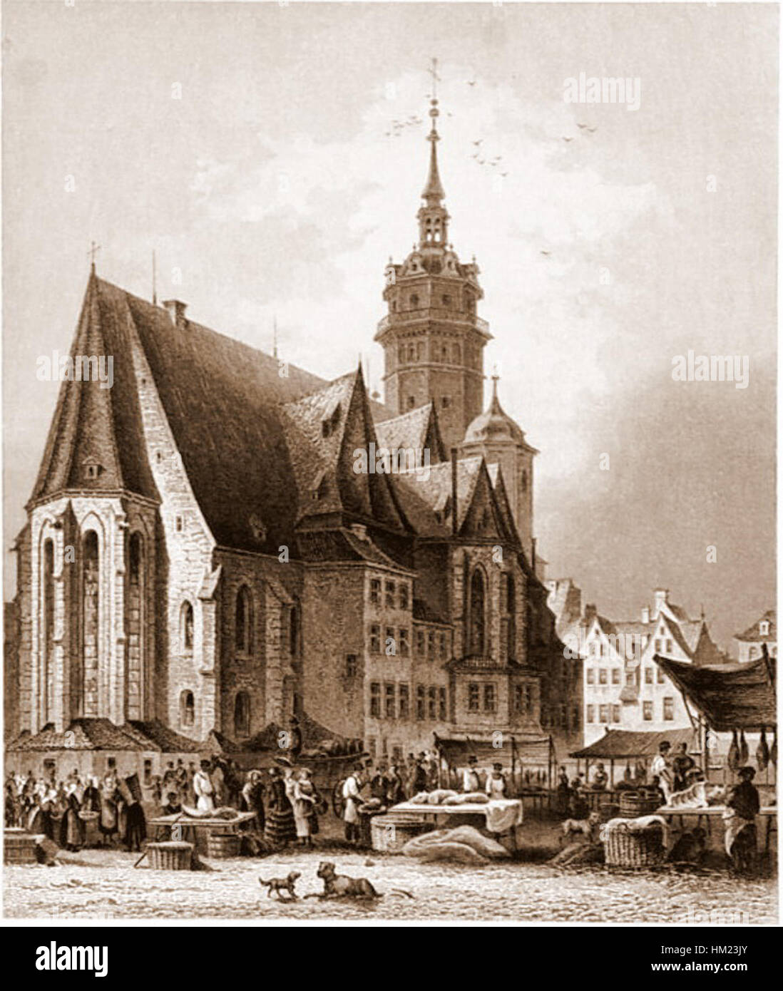 An oil painting of the Nikolaikirche (St. Nicholas Church) in Leipzig ...