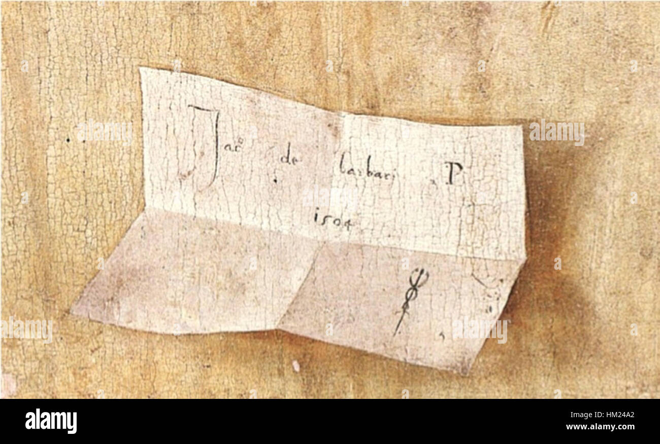 The artwork by Jacopo de' Barbari, featuring his signature, showcases ...