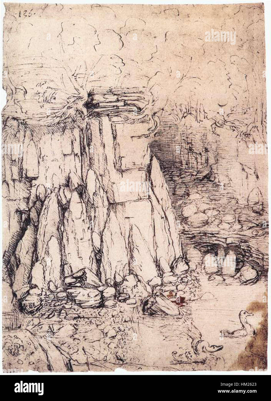 This artwork, attributed to Leonardo da Vinci, features a *Cavern with ...