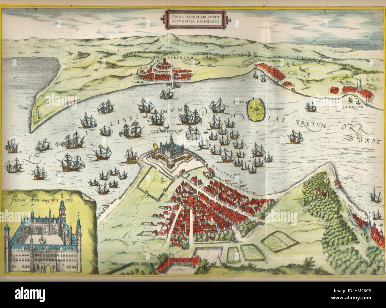 This historical map by Braun-Hogenberg depicts Kronborg Castle, located ...