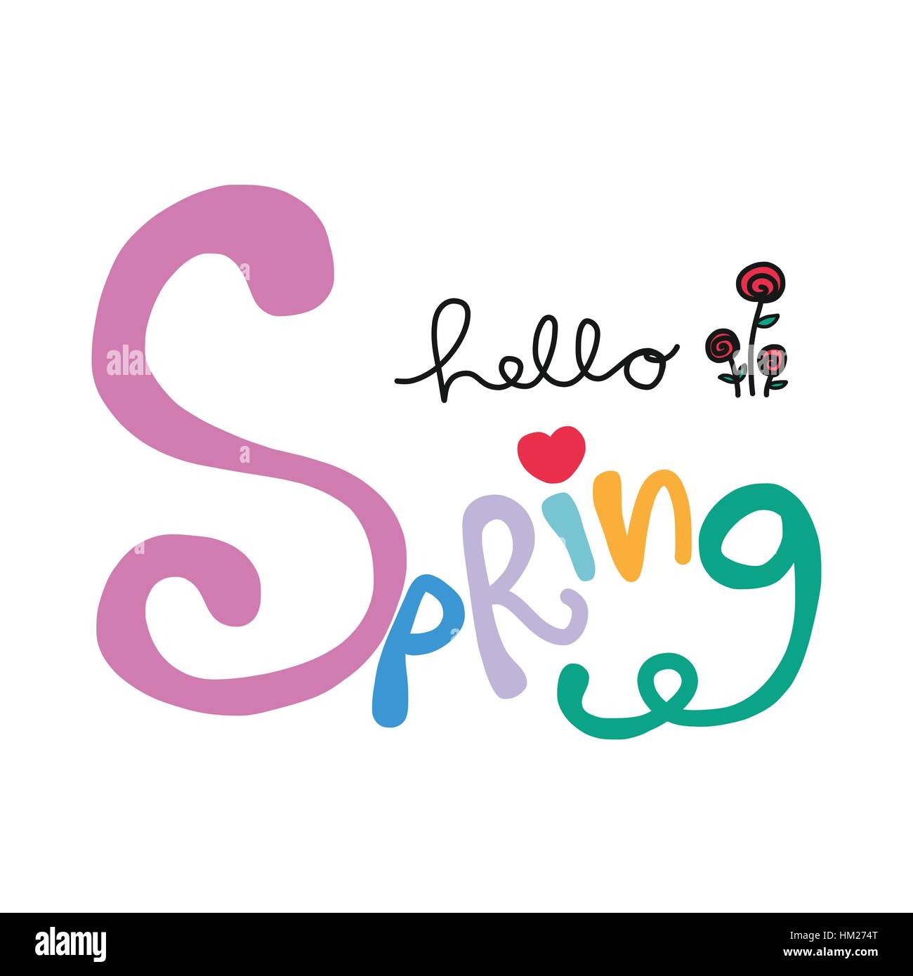 Hello spring colorful word lettering illustration on white background ...
