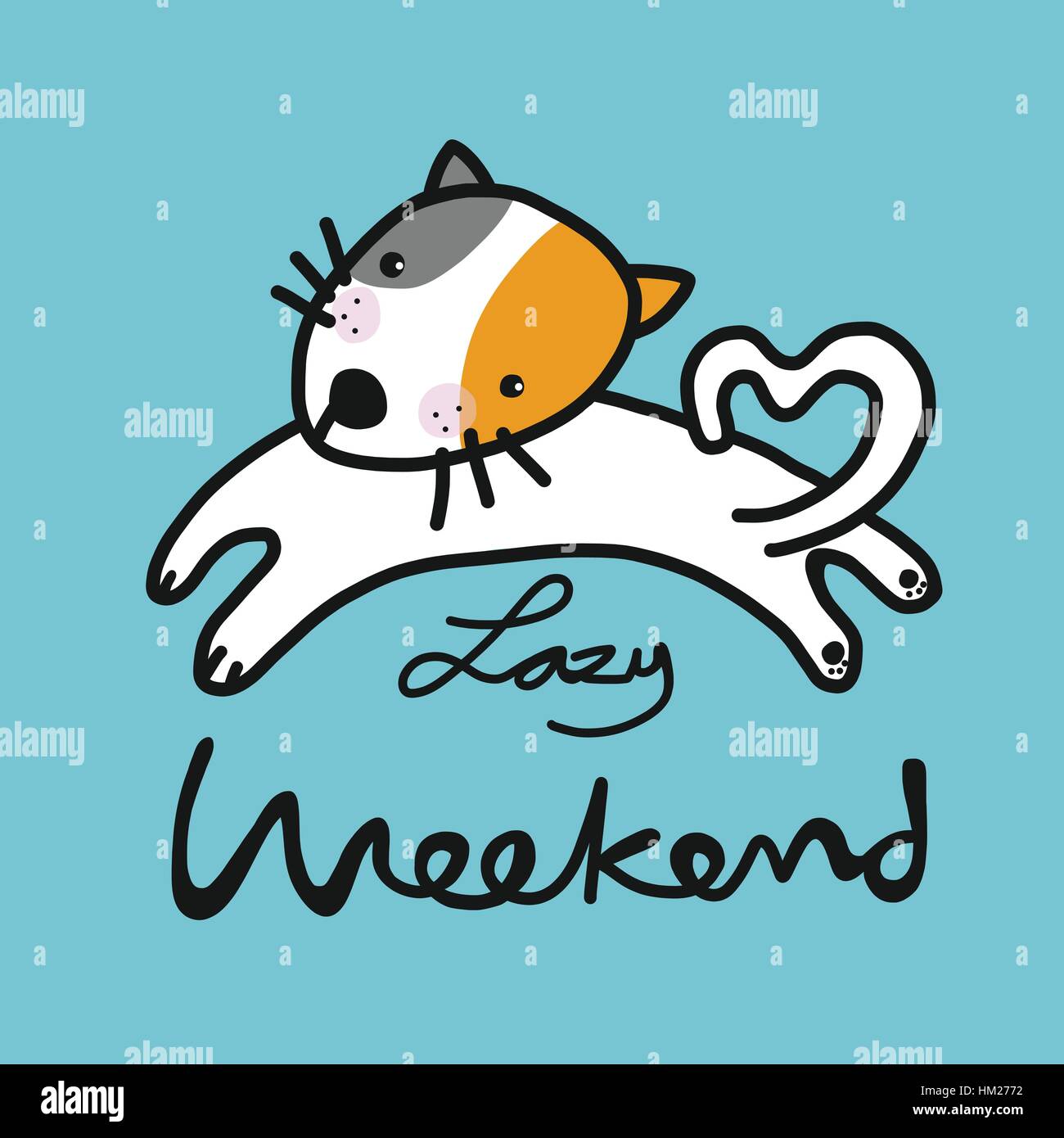 Cute cat cartoon and Lazy weekend word vector illustration on blue ...