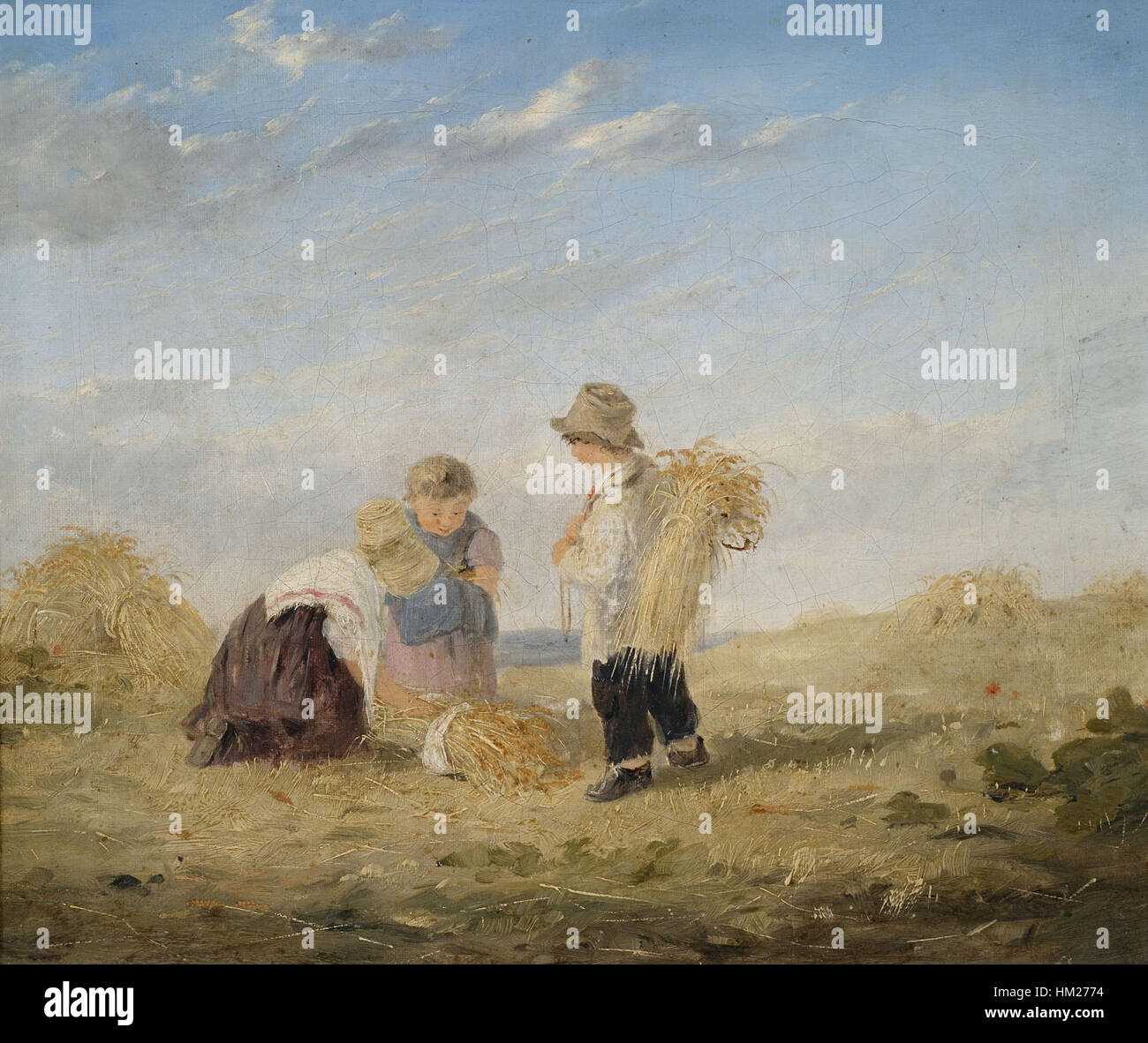 This attributed painting by James Pyne depicts children involved in hay ...