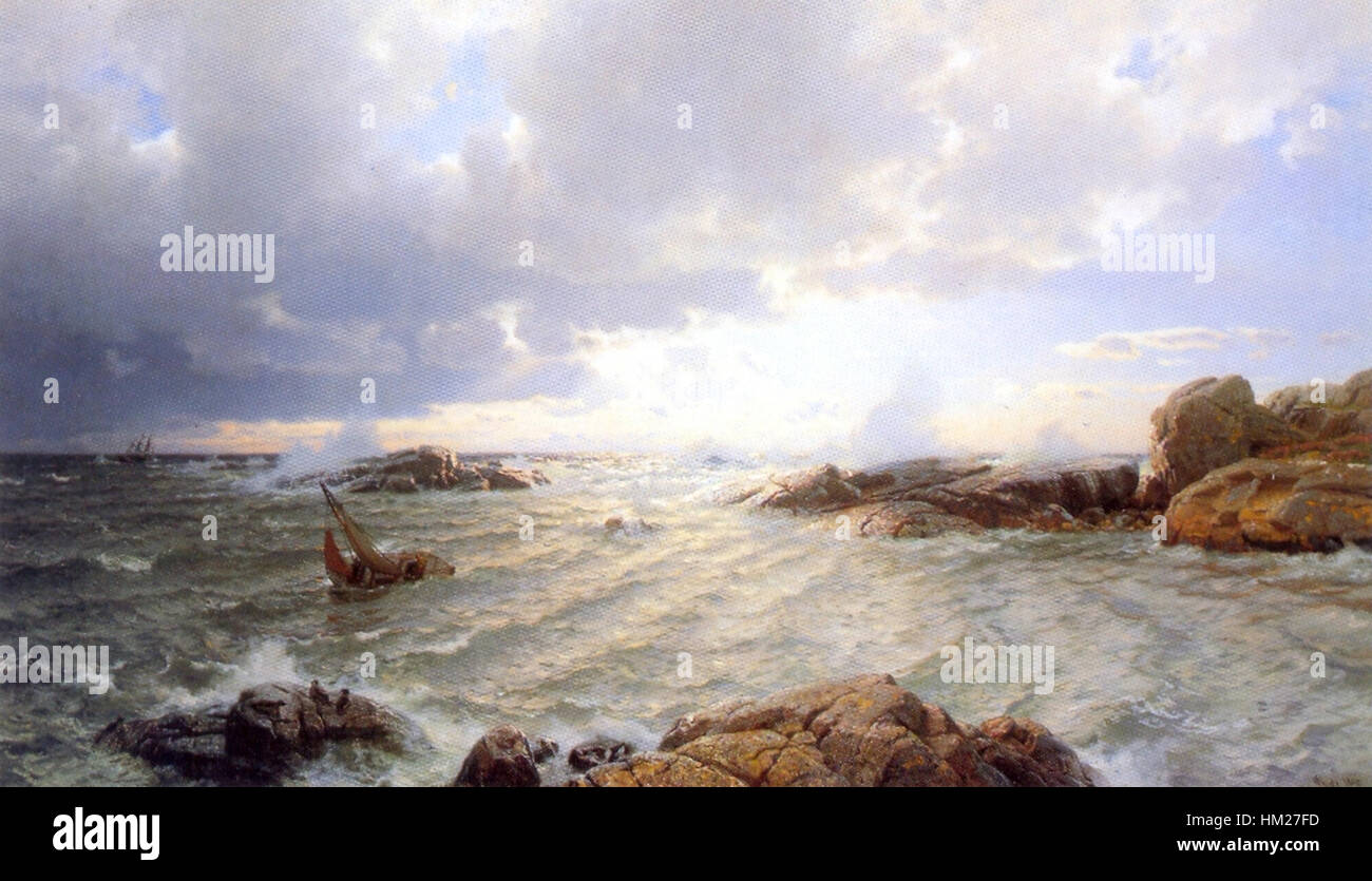 Hans Gude's 1890 painting 'Brenning Ved Hanko' captures a serene ...