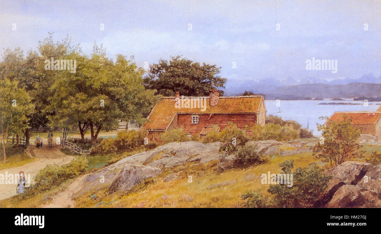 A landscape painting by Hans Gude, titled *Landskap Med Bondegard Molde ...