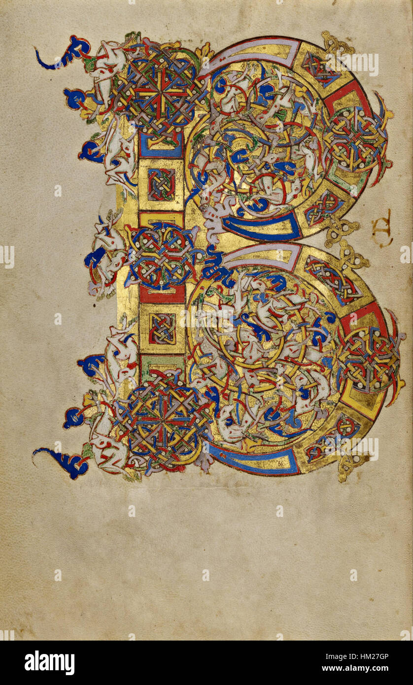 This illuminated manuscript features an inhabited initial 'B,' a common ...