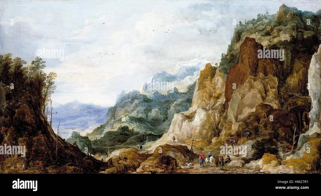 'Mountainous Landscape' by Joos de Momper II depicts a dramatic and ...