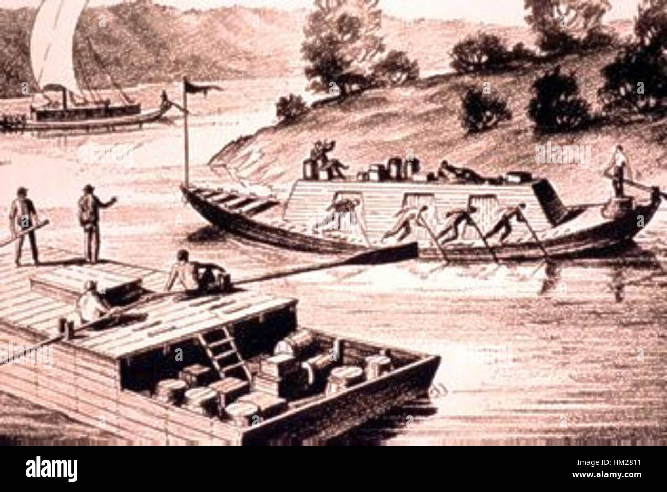 This artwork depicts a keelboat and flatboat on a river, highlighting ...