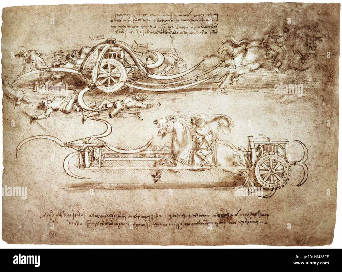 This drawing by Leonardo da Vinci depicts an assault chariot armed with ...