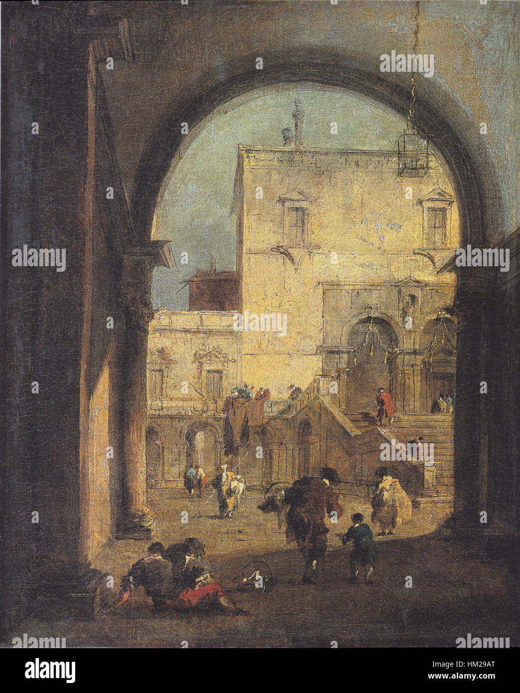 This 18th-century painting by Guardi shows a view of a square with a ...