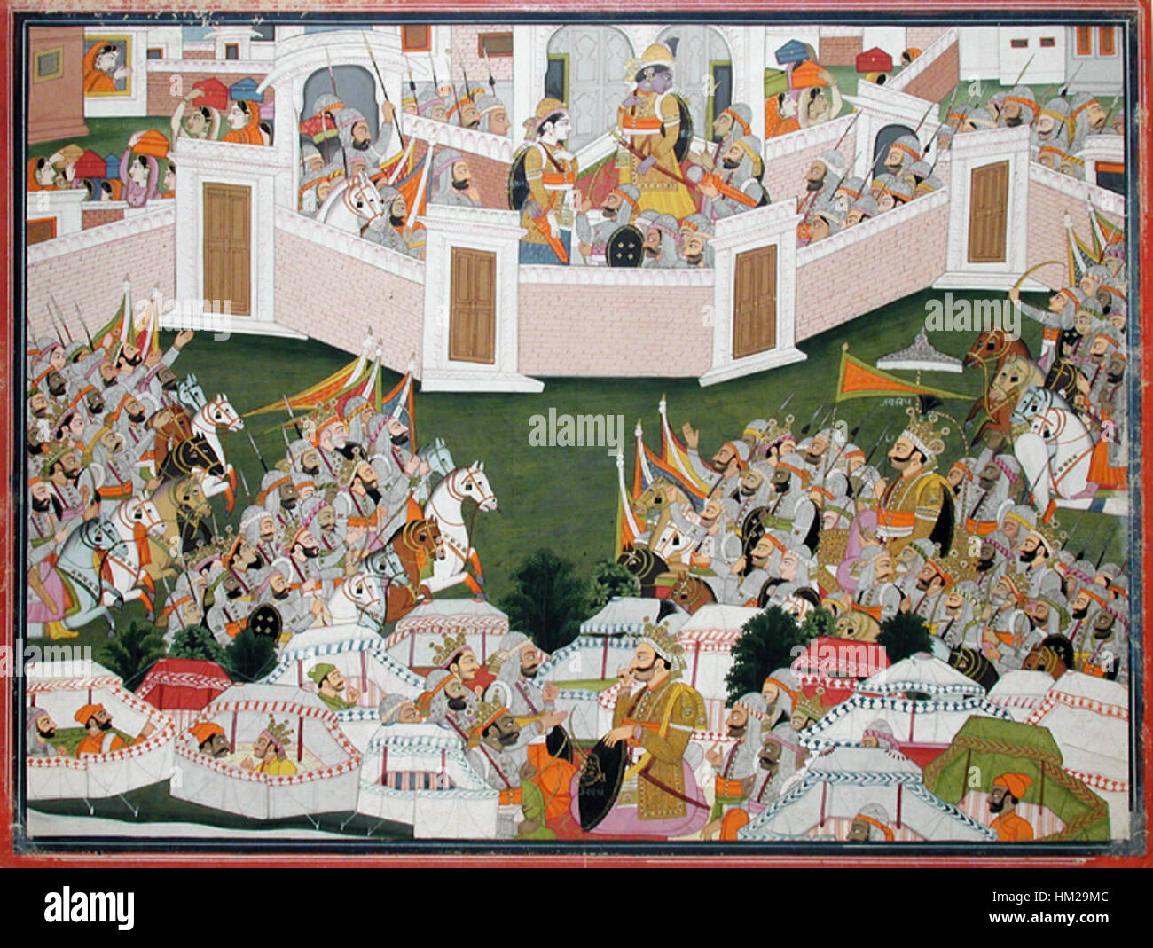 This artwork depicts the Hindu deity Krishna leading his army within a ...