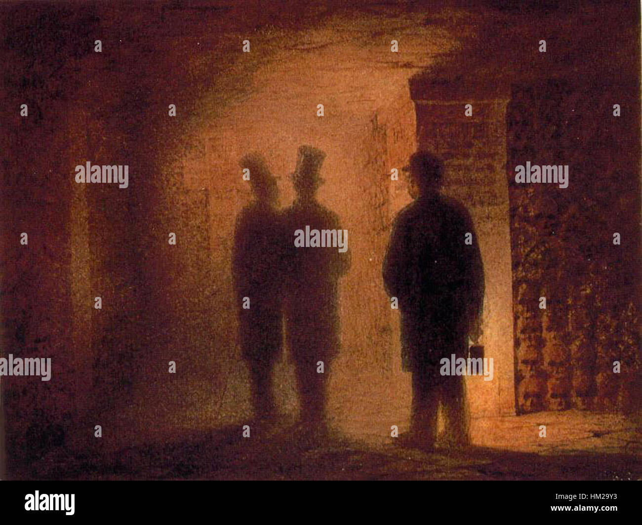 The painting by Hartmann depicts the Paris Catacombs, an underground ...