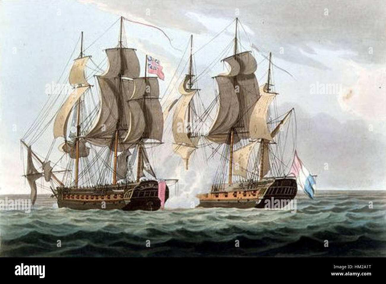 This artwork depicts a dramatic naval confrontation between the HMS ...