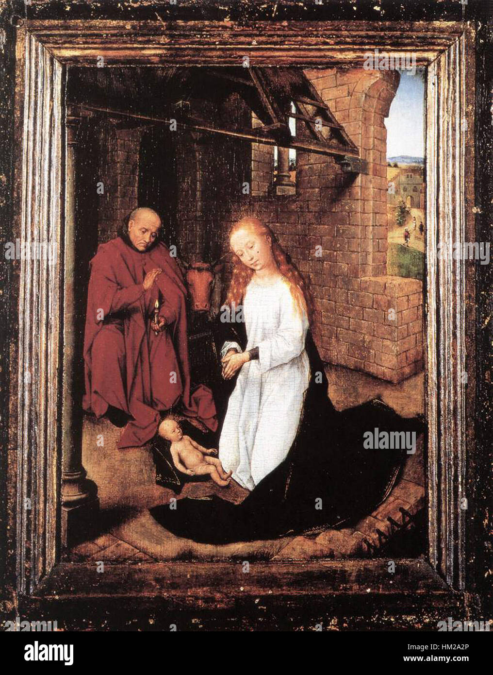 A detailed oil painting by Hans Memling depicting the Nativity scene ...