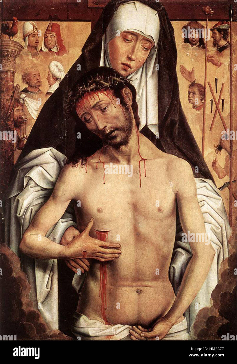This painting by Hans Memling, titled 'The Virgin Showing the Man of Sorrows,' depicts the ...