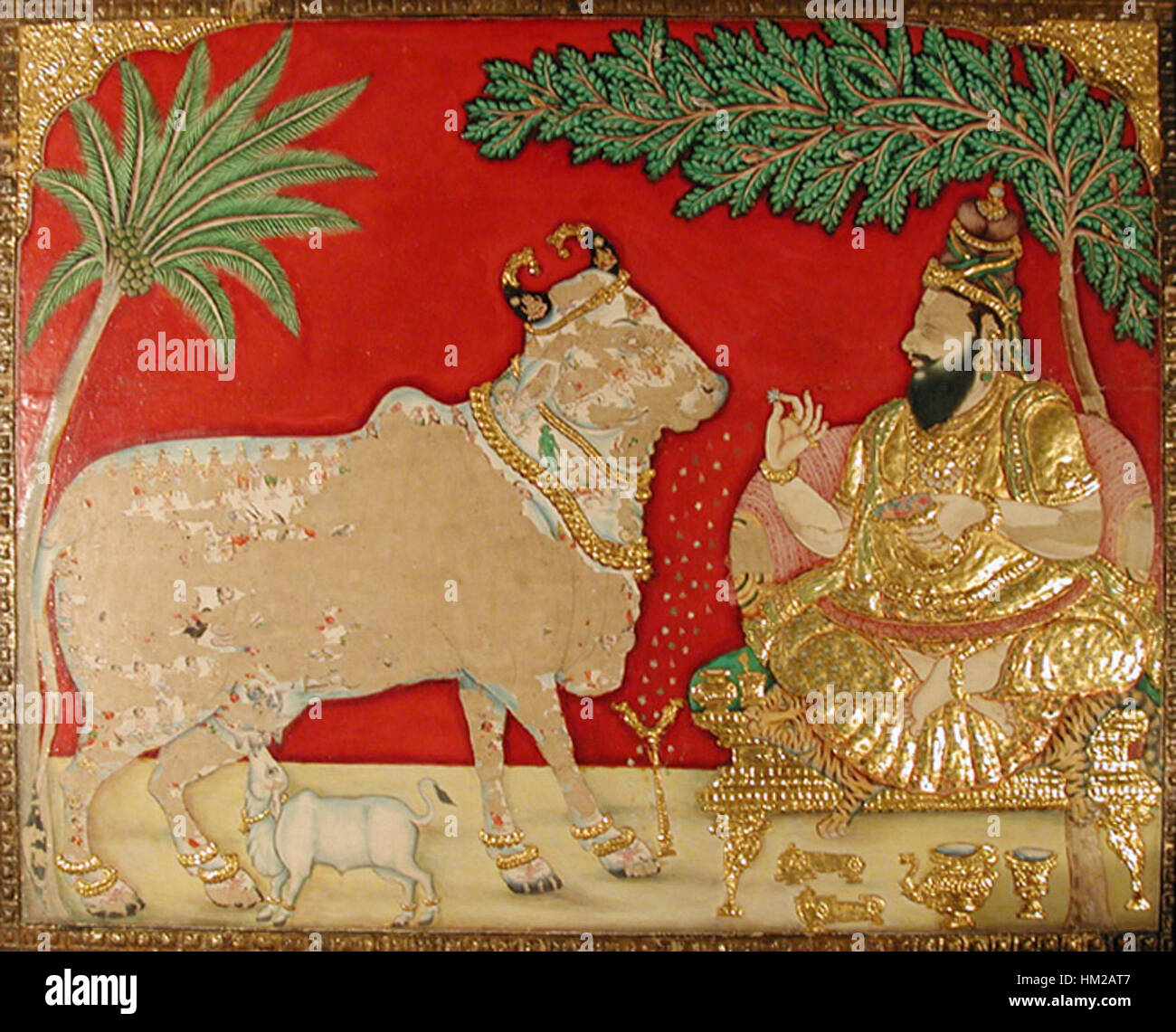 The artwork depicts the mythological scene of Kamadhenu, the wish ...
