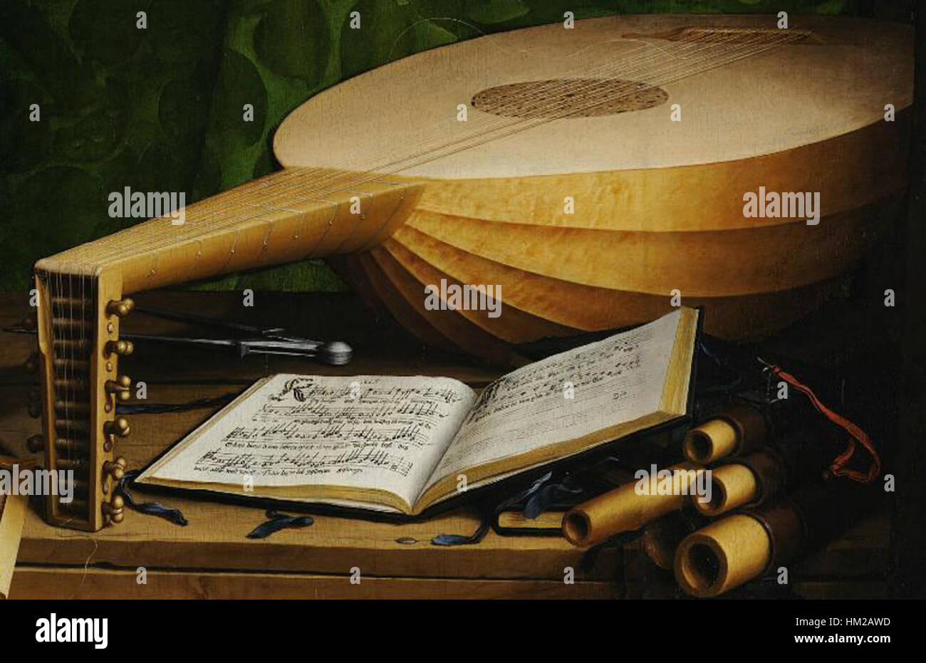 The artwork depicts various musical instruments by artist Hans Holbein ...