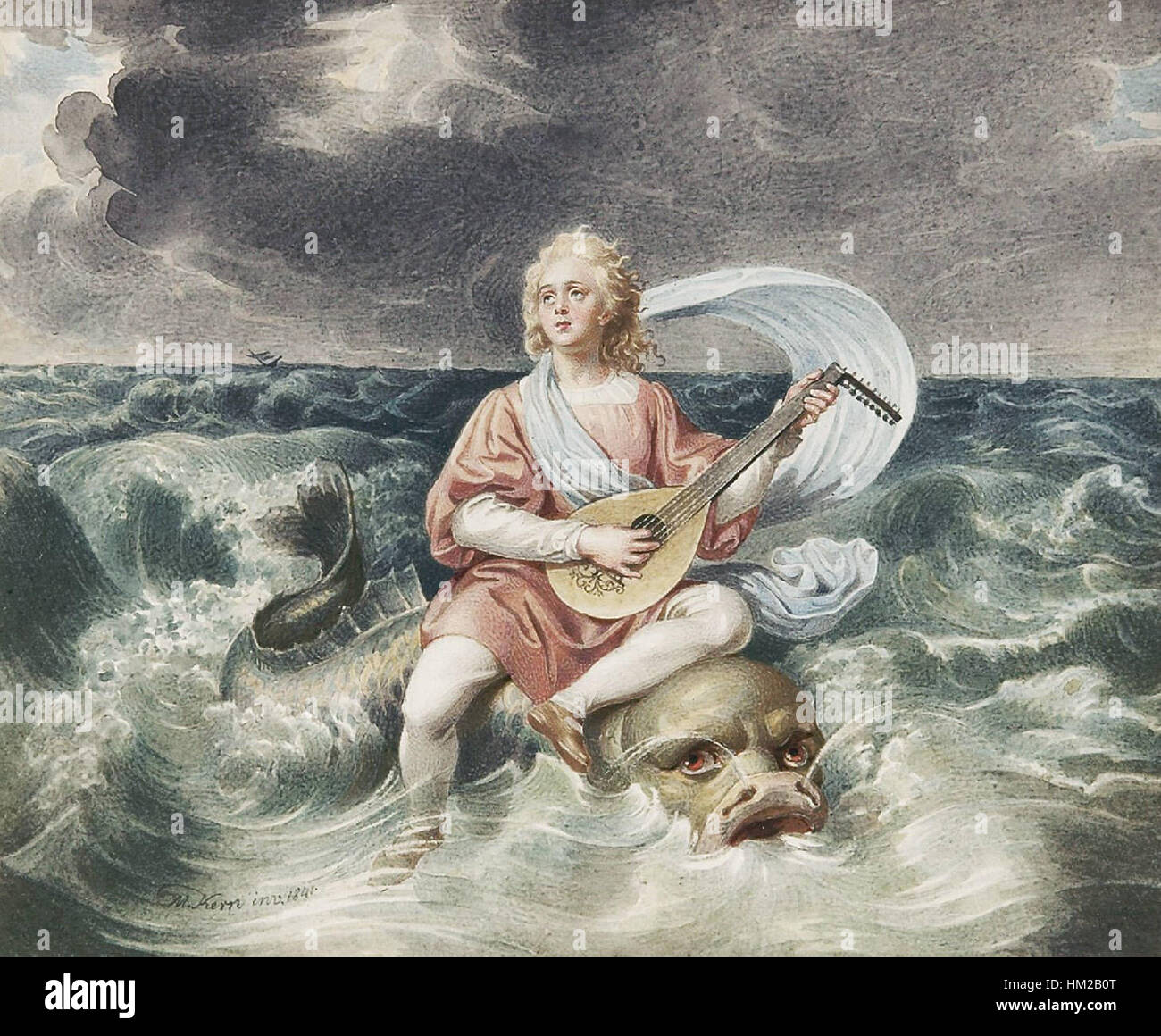 The painting 'Kern Arion auf dem Delphin' depicts a mythological scene ...