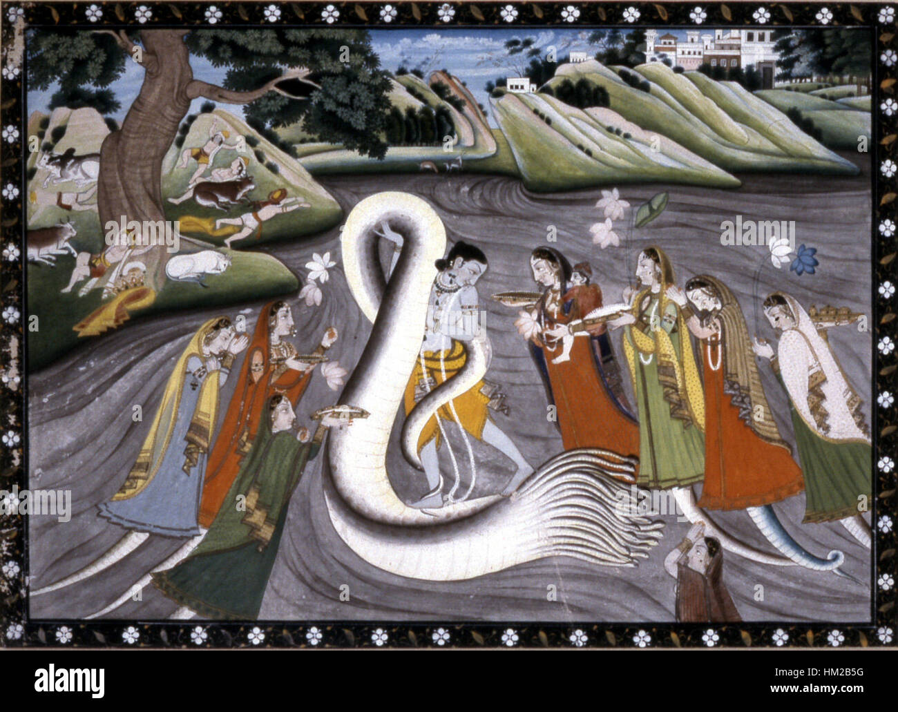 This artwork depicts the Hindu deity Krishna subduing the serpent ...