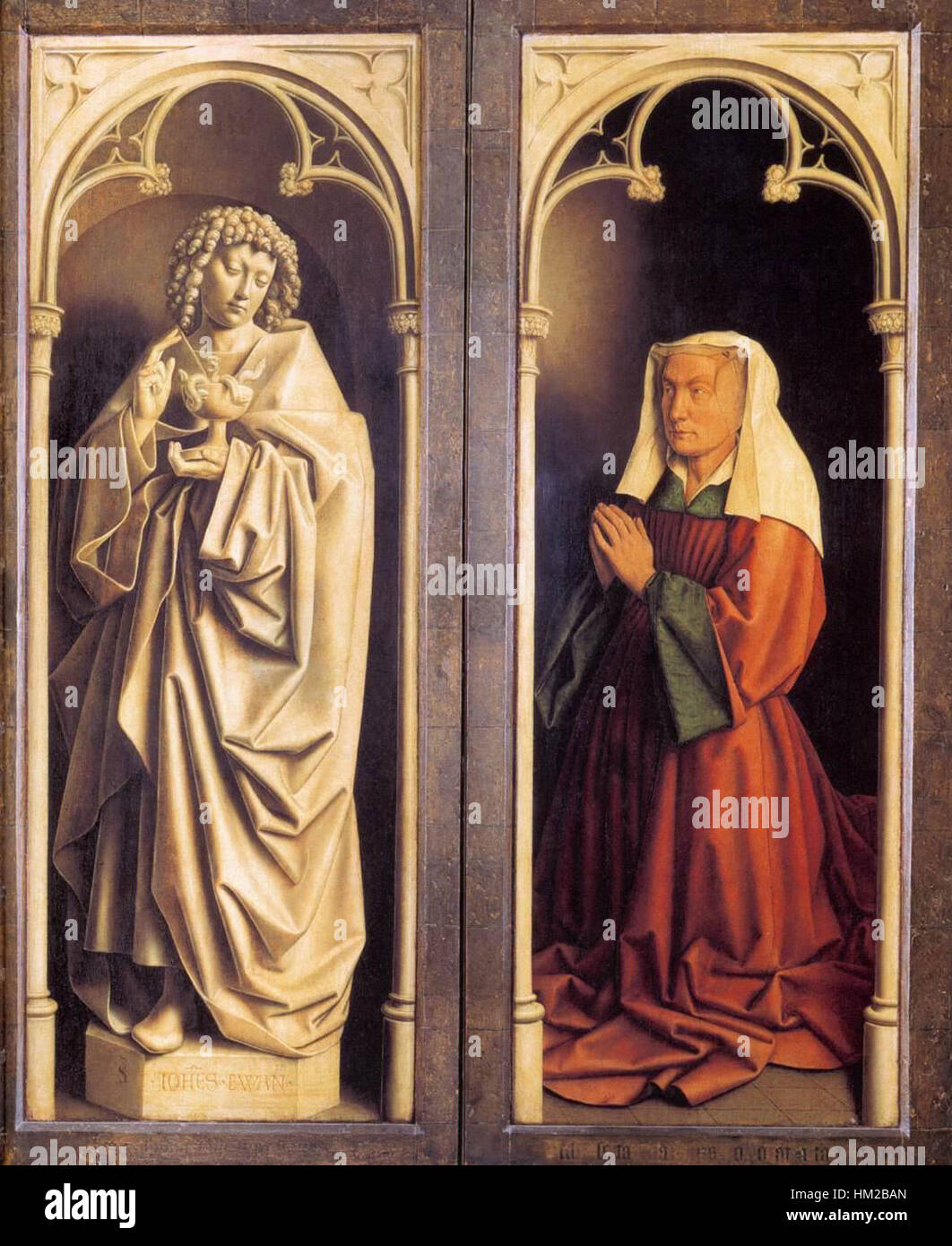 This section of Jan van Eyck’s *The Ghent Altarpiece* features St. John ...