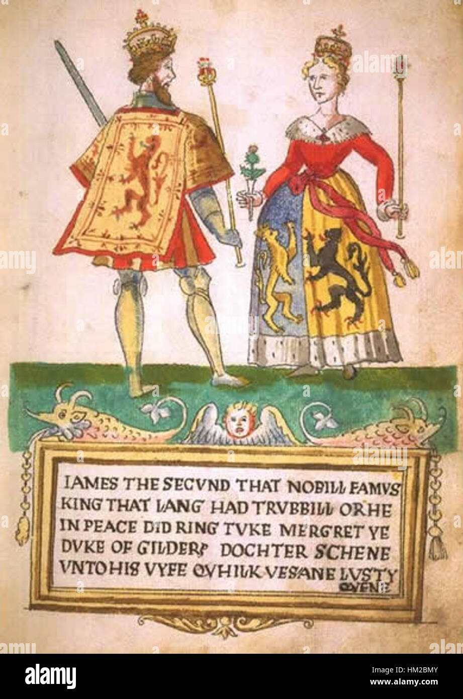 This painting portrays James II of Scotland and Mary of Gueldres, his ...