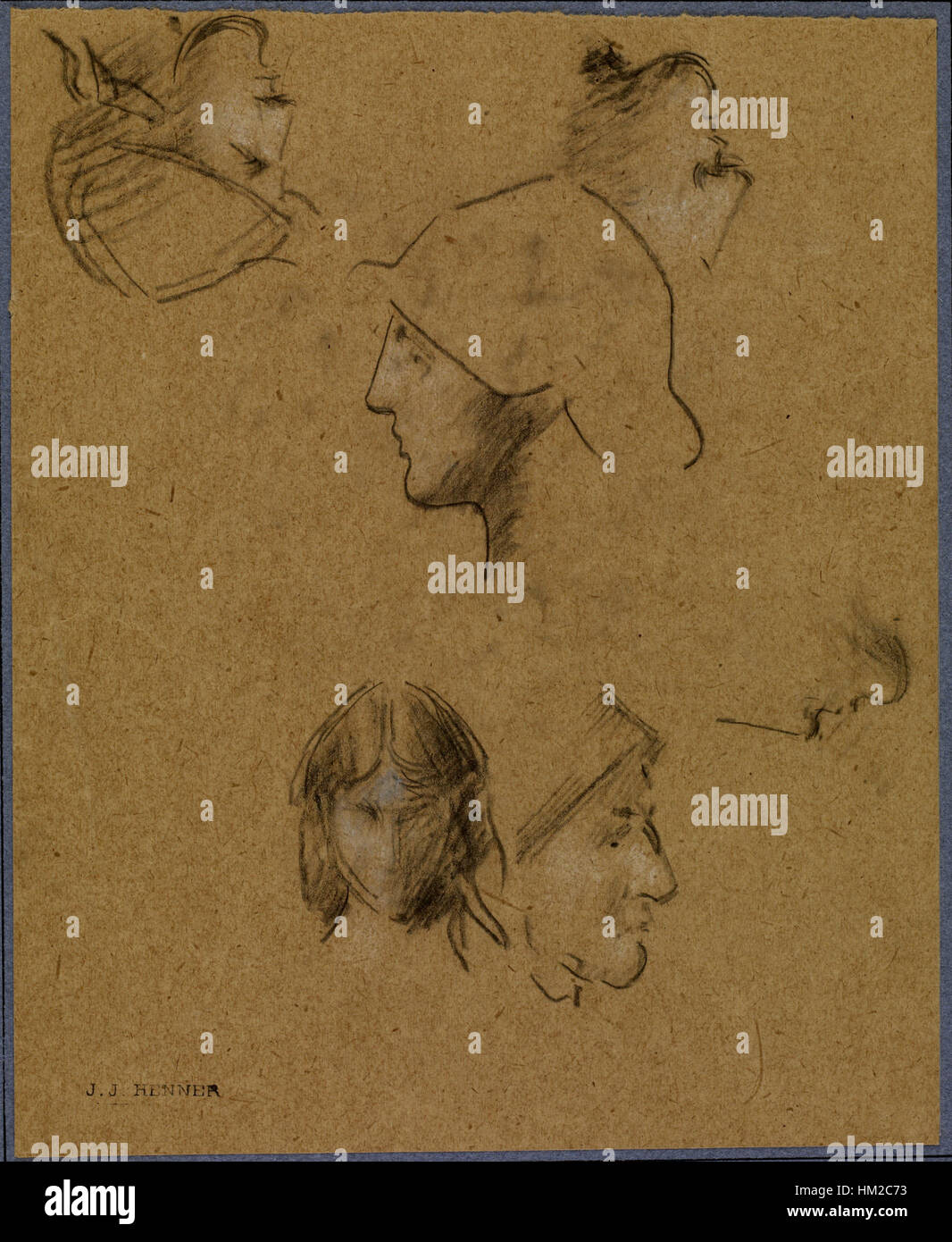 A series of sketches by Jean-Jacques Henner, featuring six heads ...