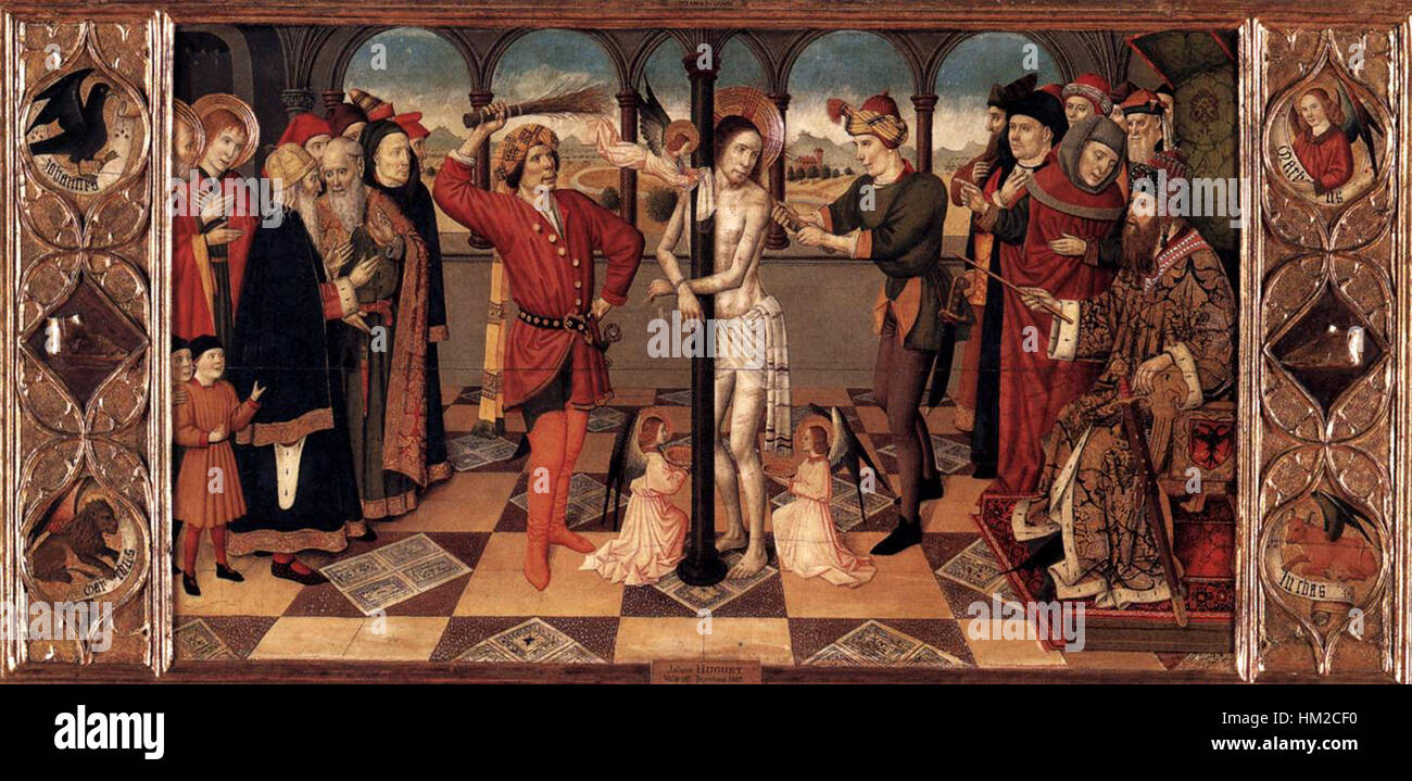 Jaume Huguet's 'The Flagellation of Christ' is a 15th-century Gothic painting depicting the ...