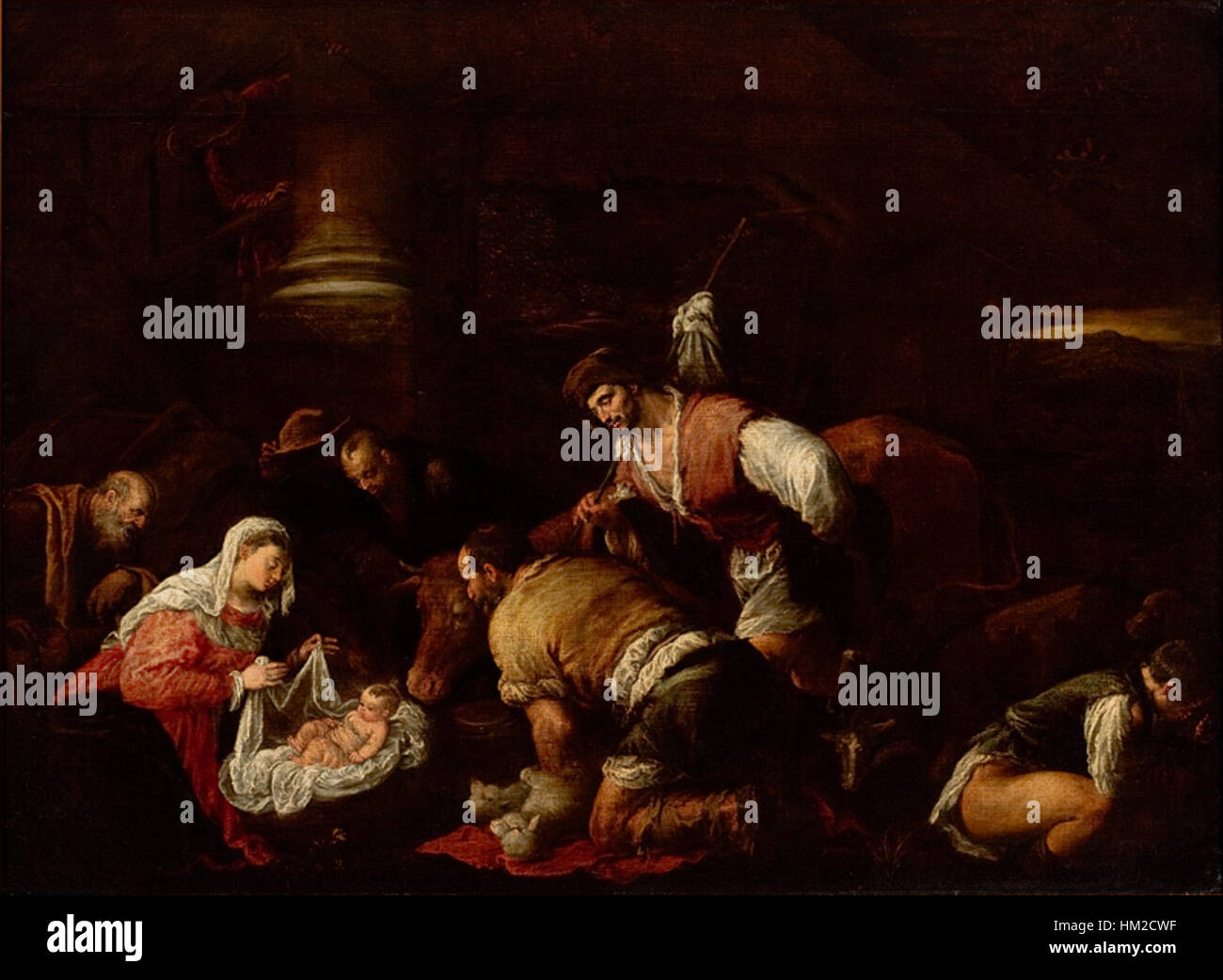 The artwork “Adoracao” by Jacopo Bassano depicts a religious scene ...