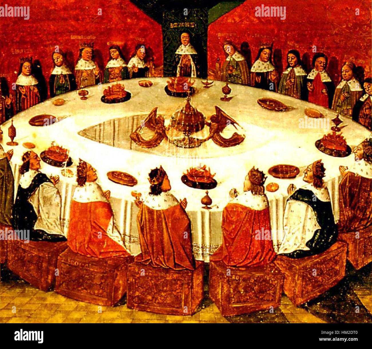 A medieval painting depicting King Arthur and his knights of the Round ...