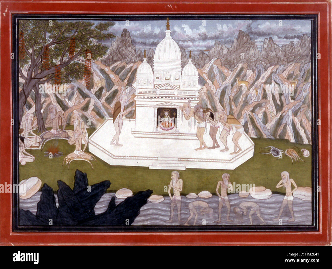 This Indian artwork depicts ascetics meditating before a shrine ...