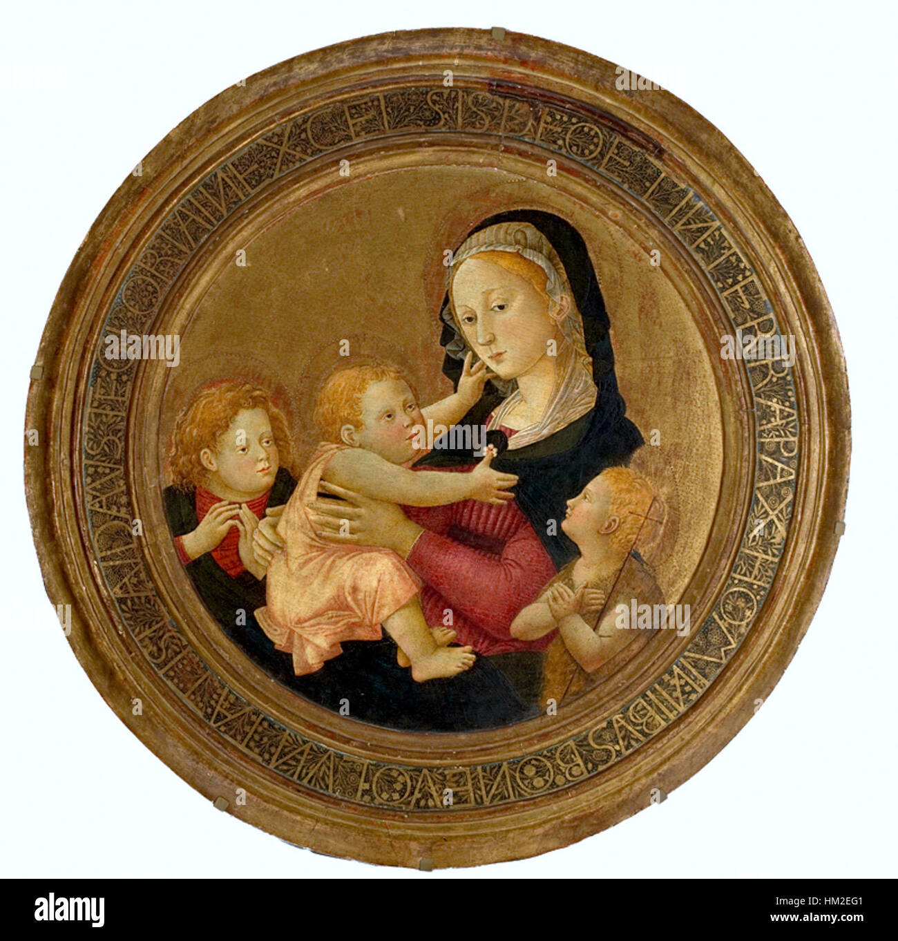 This painting, attributed to an imitator of Lippi-Pesellino, portrays the Virgin Mary with the ...