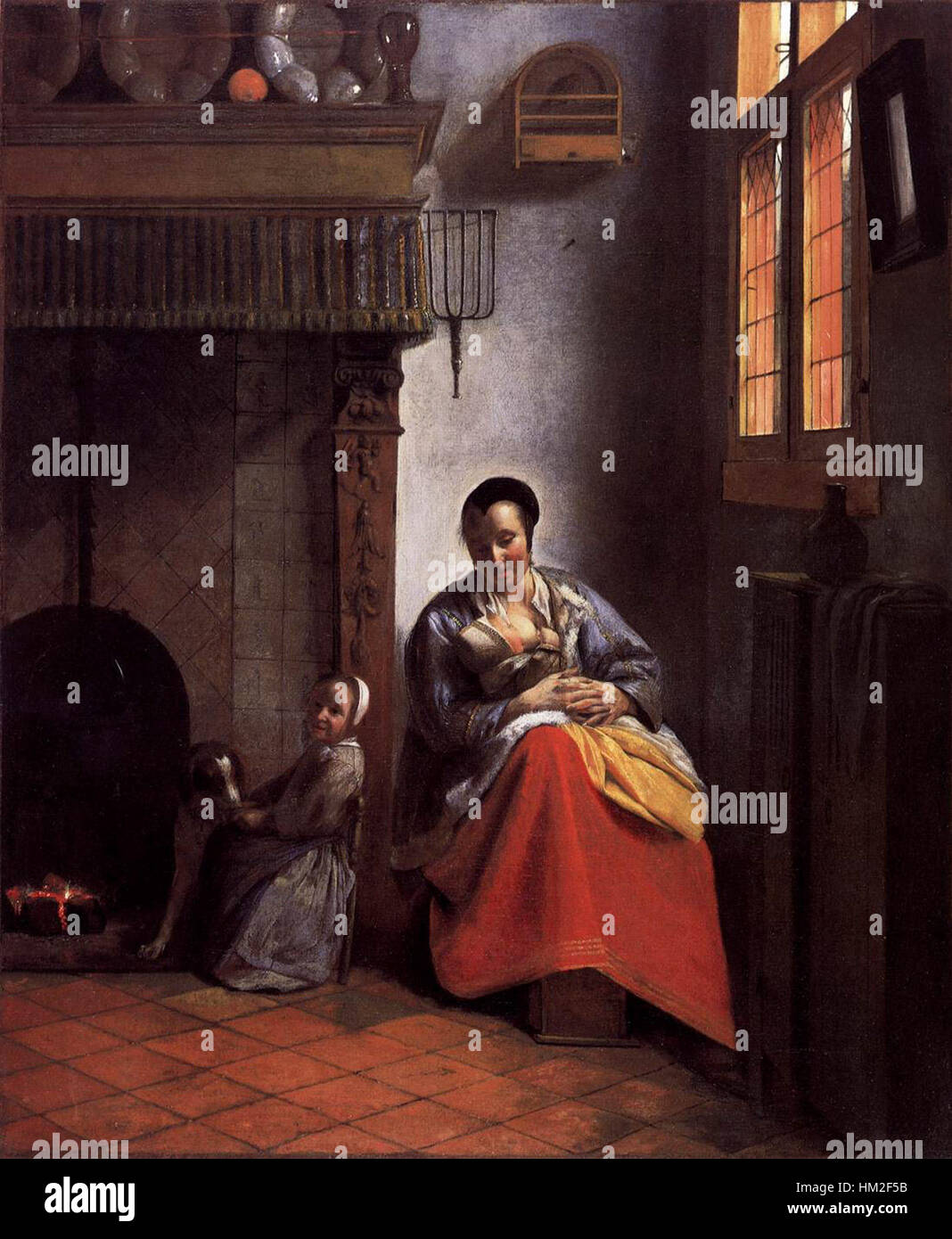 This painting by Pieter de Hooch depicts a domestic scene with a woman ...
