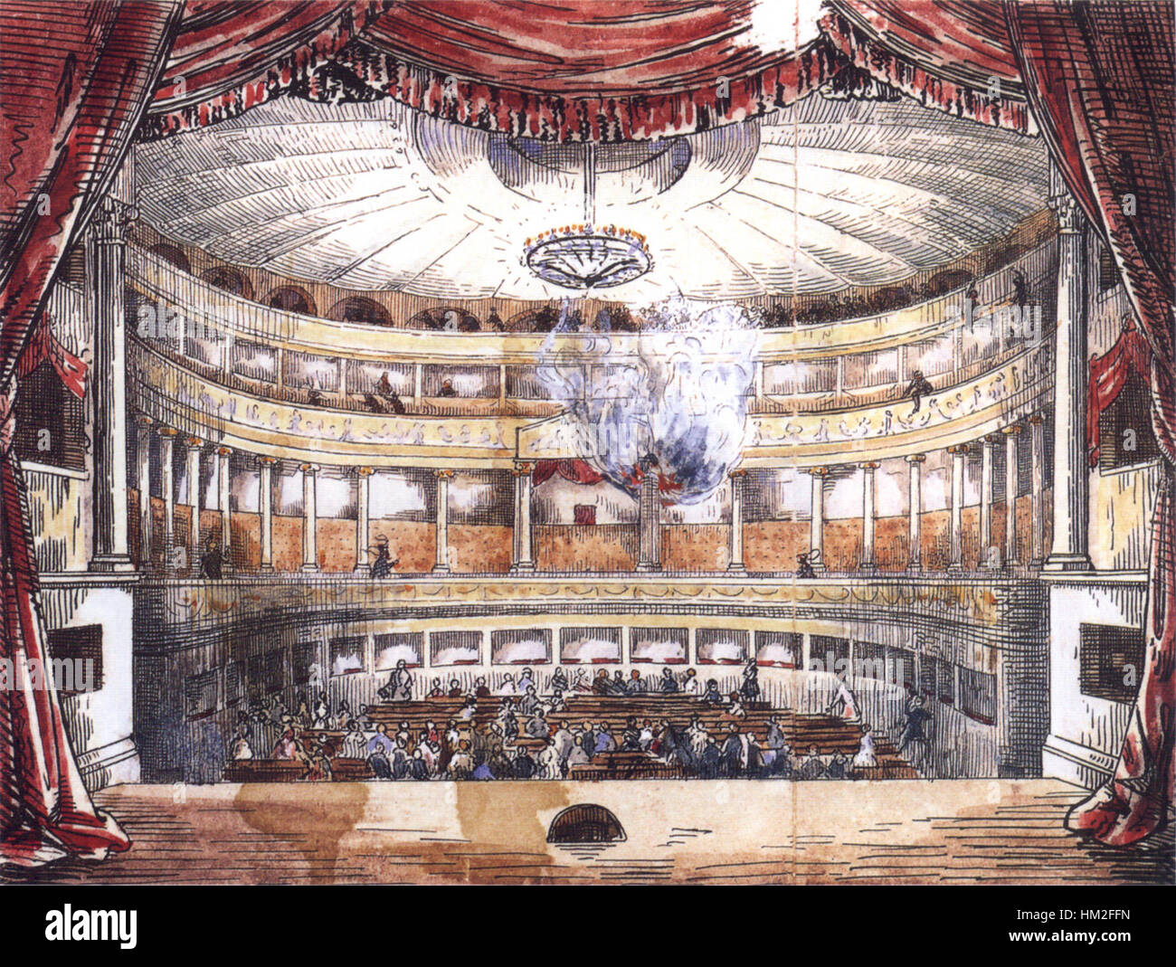 The 'Karlsruhe Theaterbrand' print from 1847 depicts the tragic fire at ...