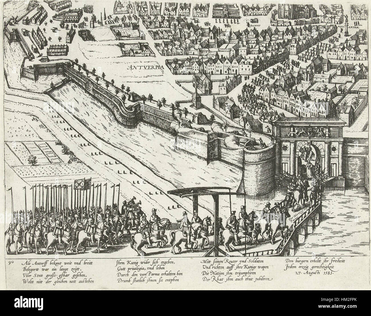 A 16th-century painting depicting the entry of the Duke of Parma into Antwerp in 1585. The ...