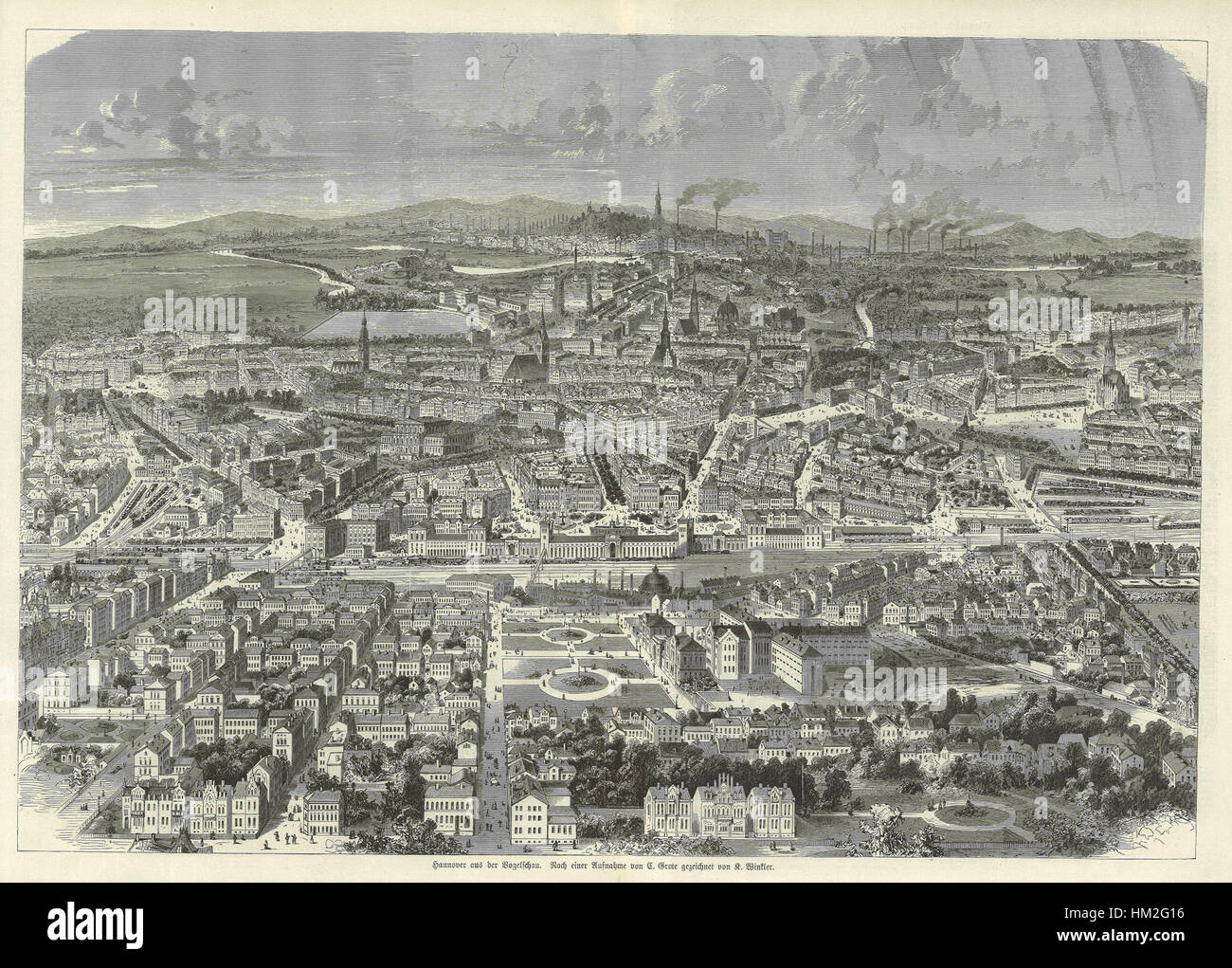 An 1872 panoramic view of Hannover, Germany, as seen from a bird's-eye ...