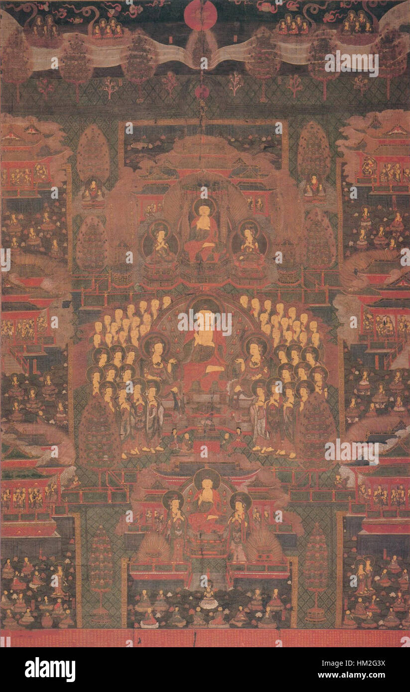 This artwork illustrates the Visualization Sutra, a Buddhist text ...