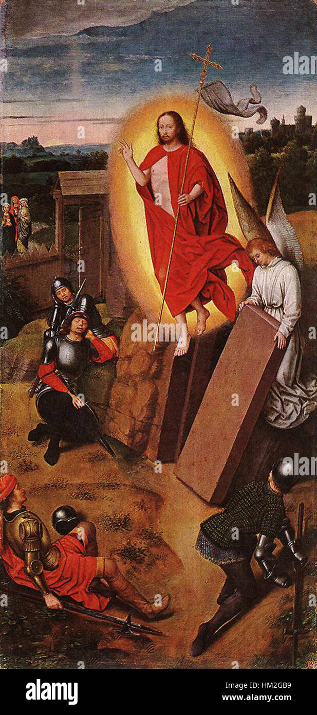 'Resurrection' by Hans Memling is a religious painting depicting Christ's resurrection, an ...