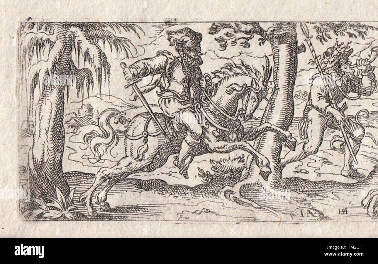 This detailed engraving by Amman depicts a hunting scene featuring deer ...