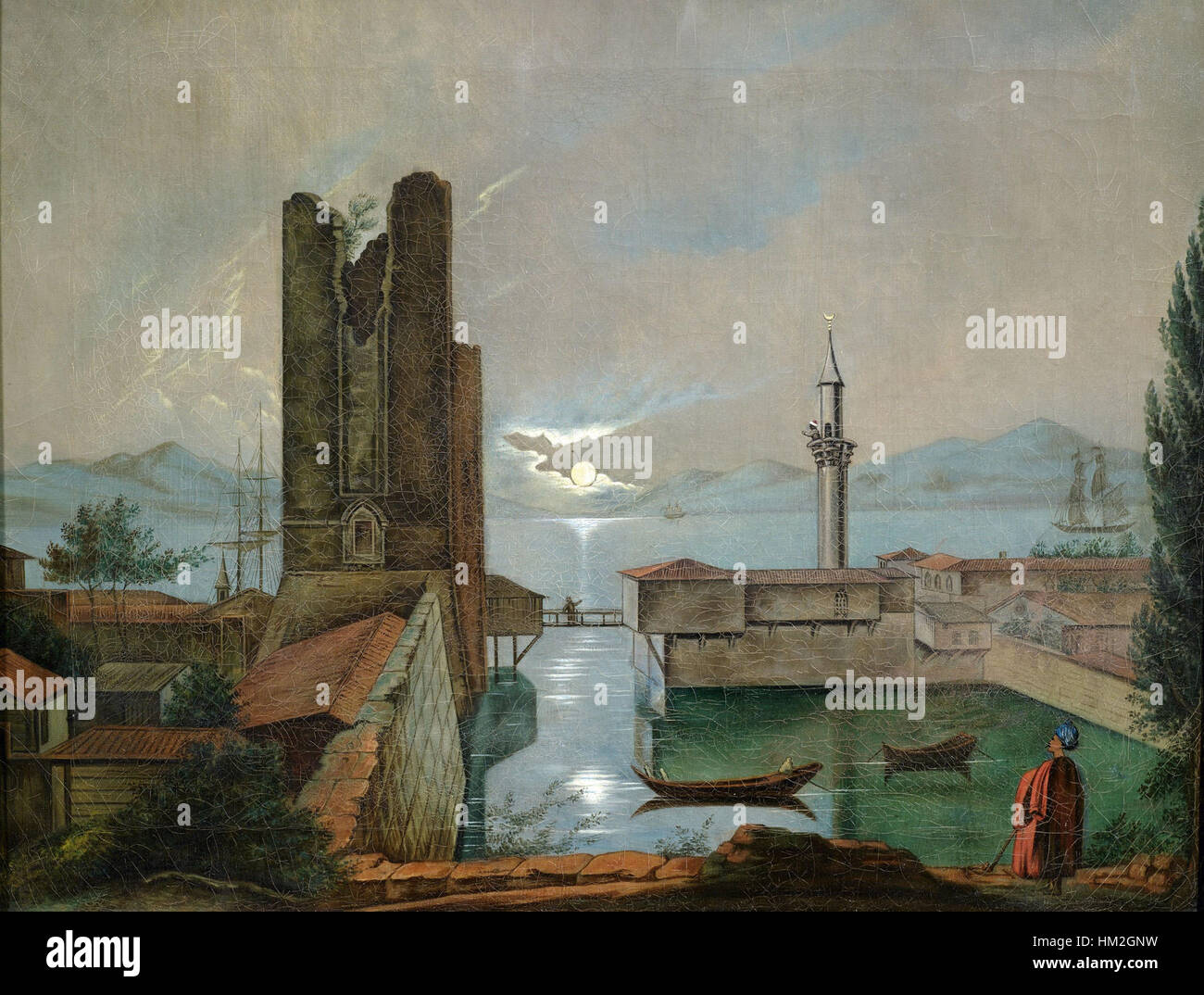 This 19th-century painting depicts a small harbor with an ancient ...