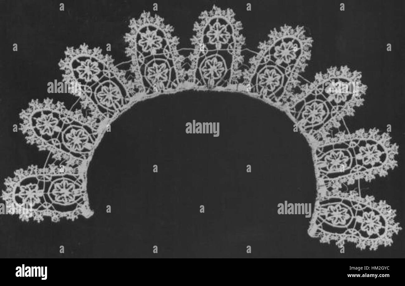 This artwork features a lace collar, a fine example of delicate textile ...