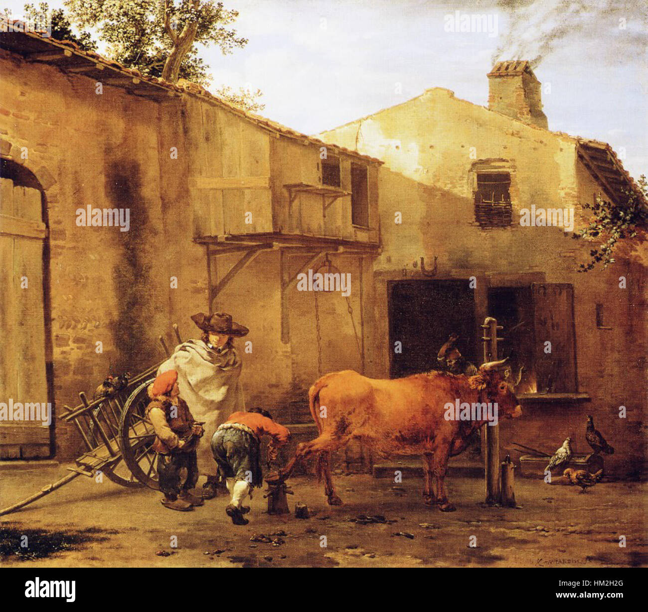 A painting by Karel Dujardin depicting a blacksmith shoeing an ox ...