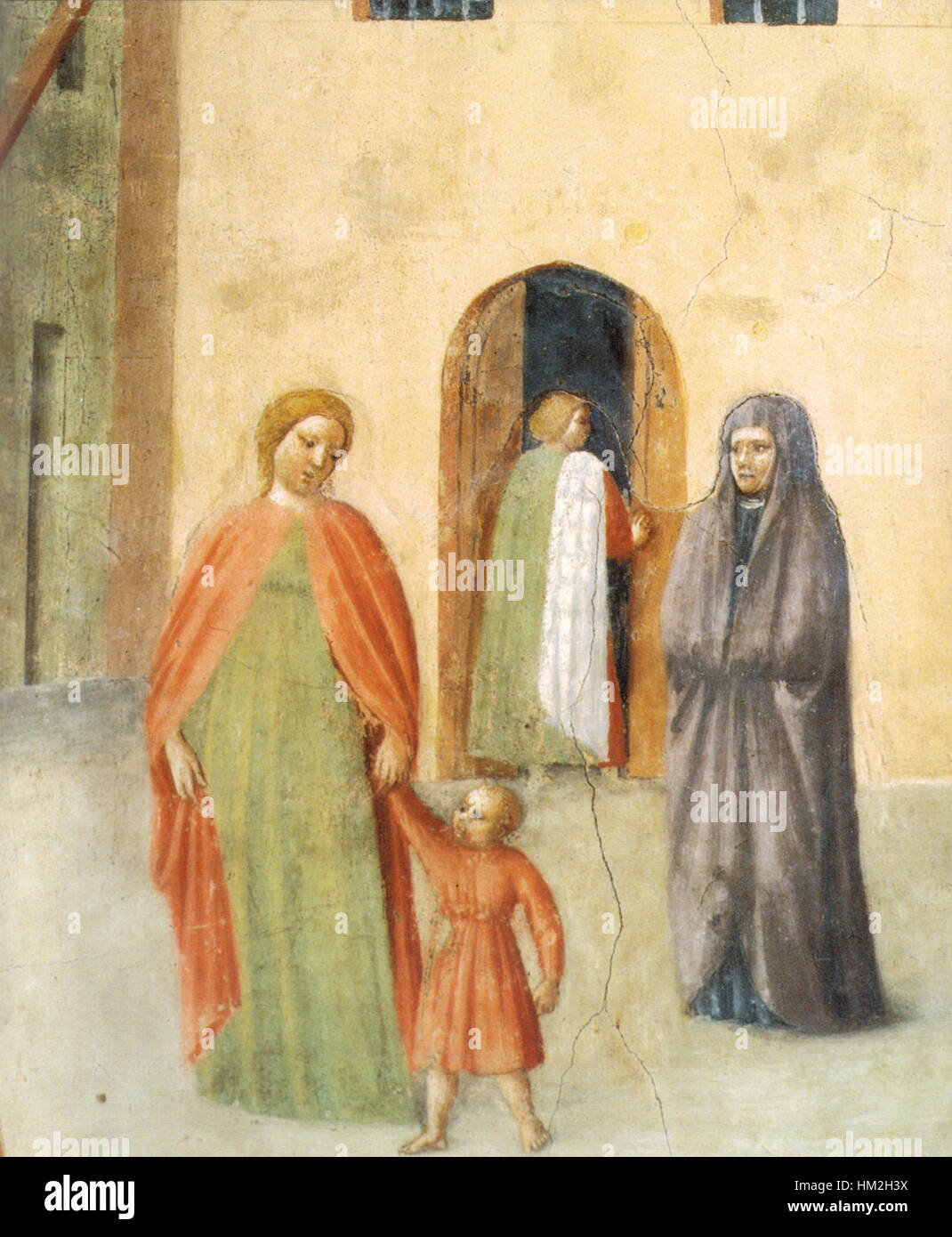 This religious painting depicts two miracles performed by the apostles ...