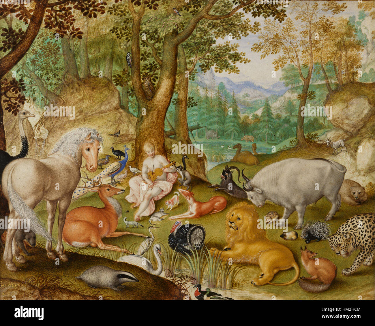 Jacob Hoefnagelâ€™s painting 'Orpheus Charming the Animals' depicts the ...