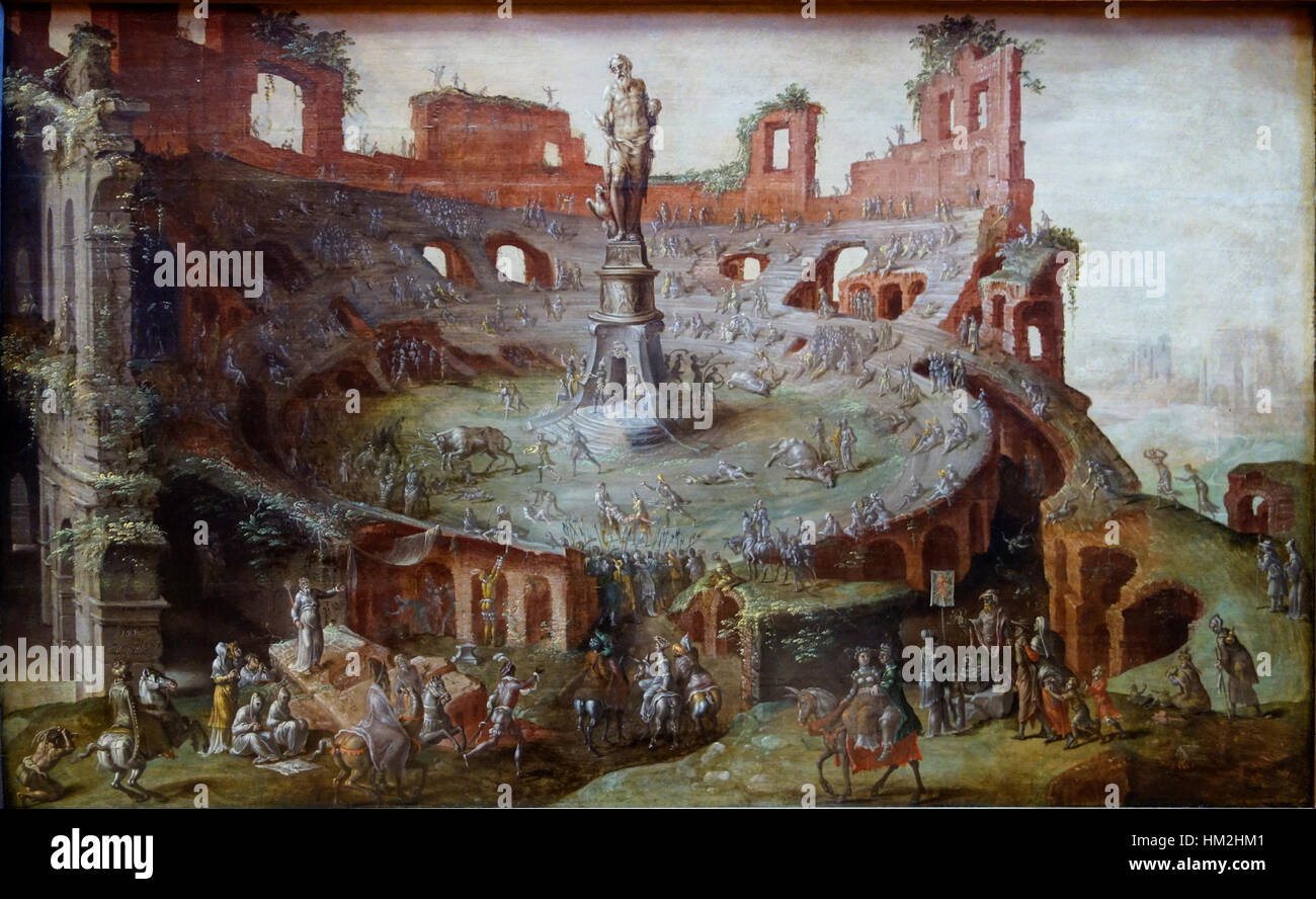 This painting by Heemskerck depicts bulls in the Roman Colosseum. It ...