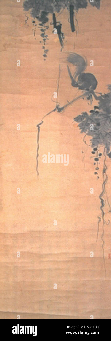 A painting titled 'Grapes and Squirrel' by Miyamoto Musashi, displayed ...