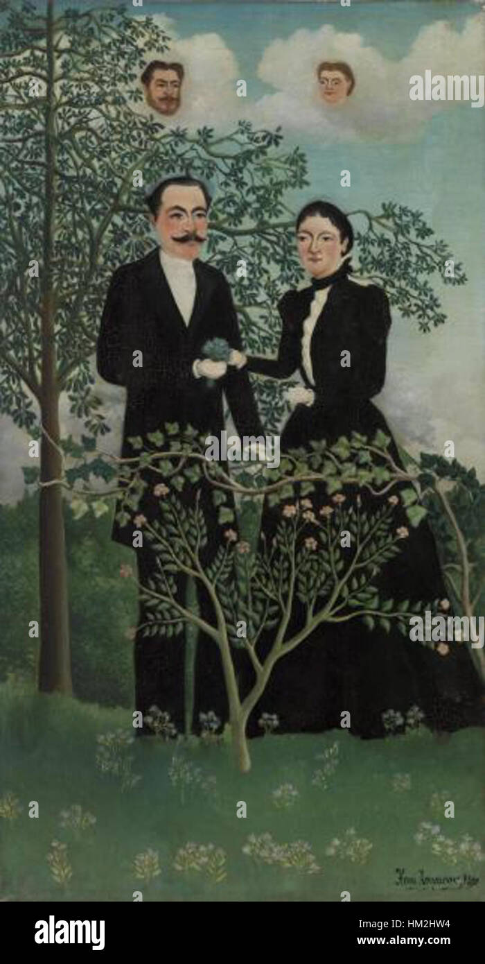 Henri Rousseau's 'The Past and the Present' (1891) is an oil painting depicting the contrast ...