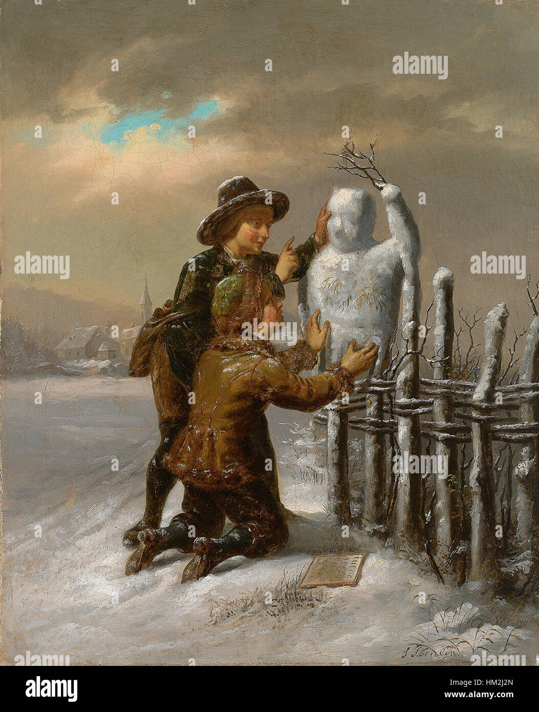 This German artwork, titled 'Children Building a Snowman,' captures the ...