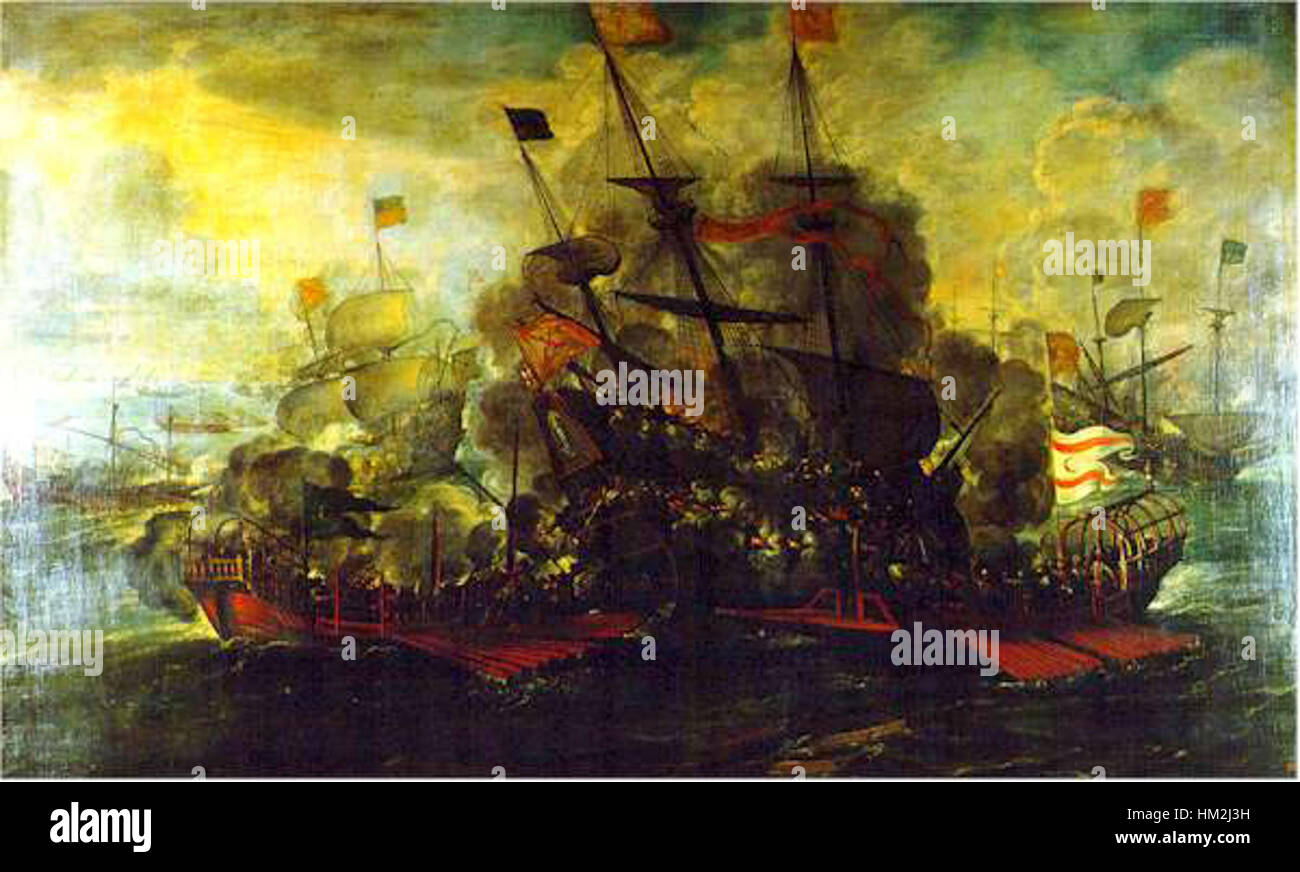This historical artwork depicts a naval battle between the Spanish and ...