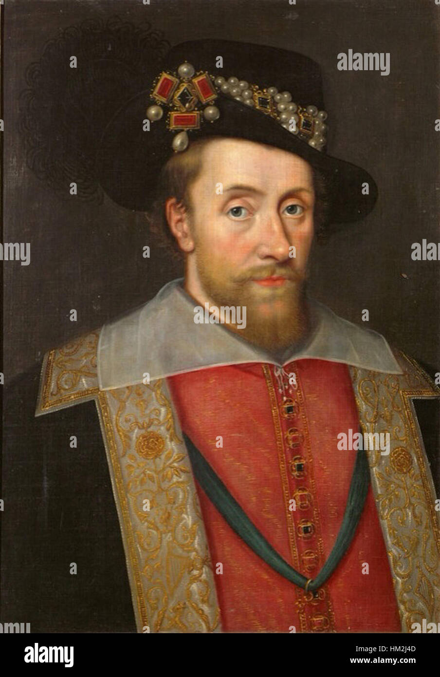 This historical painting depicts James I of England, possibly in a ...